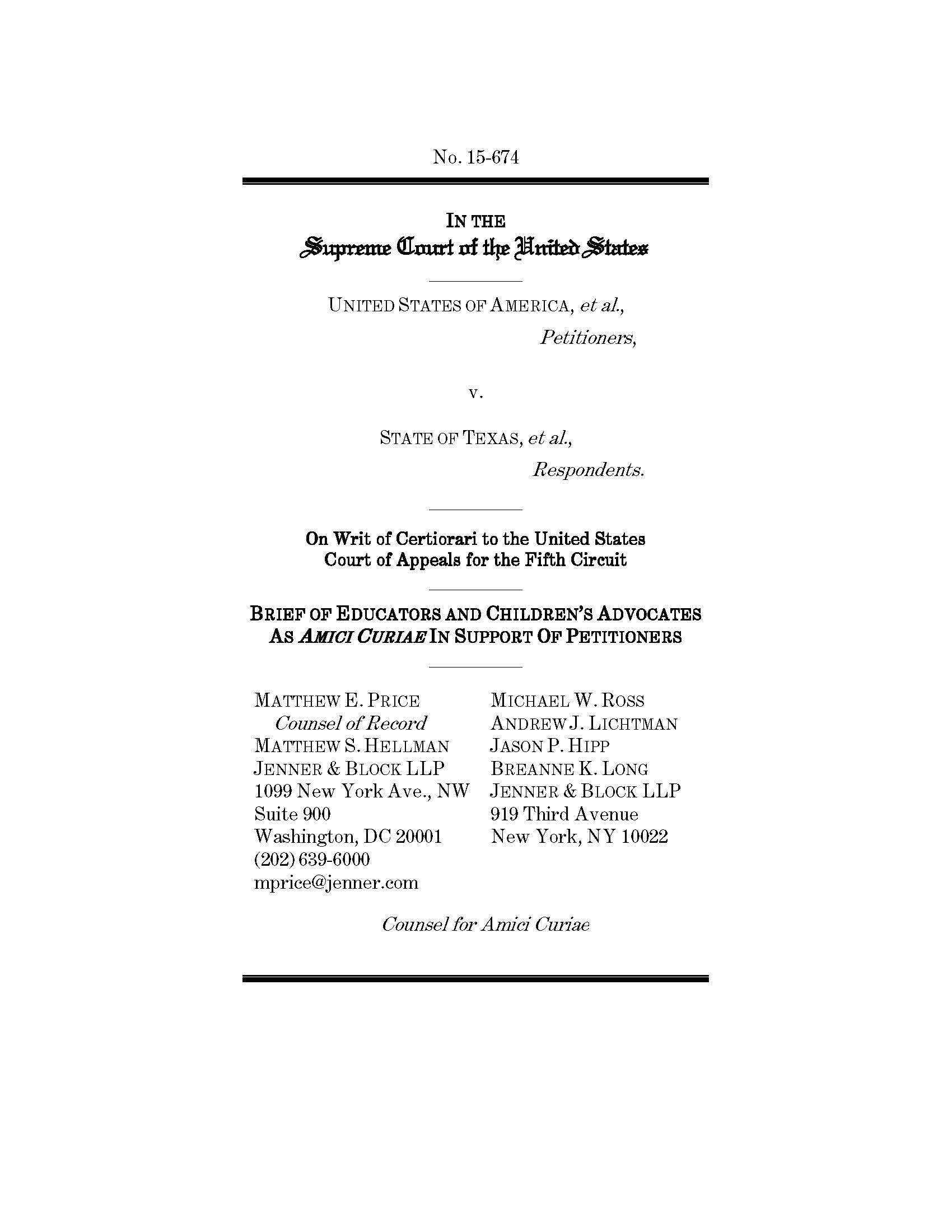 United States v. Texas Supreme Court Amicus Brief: Educators and ...